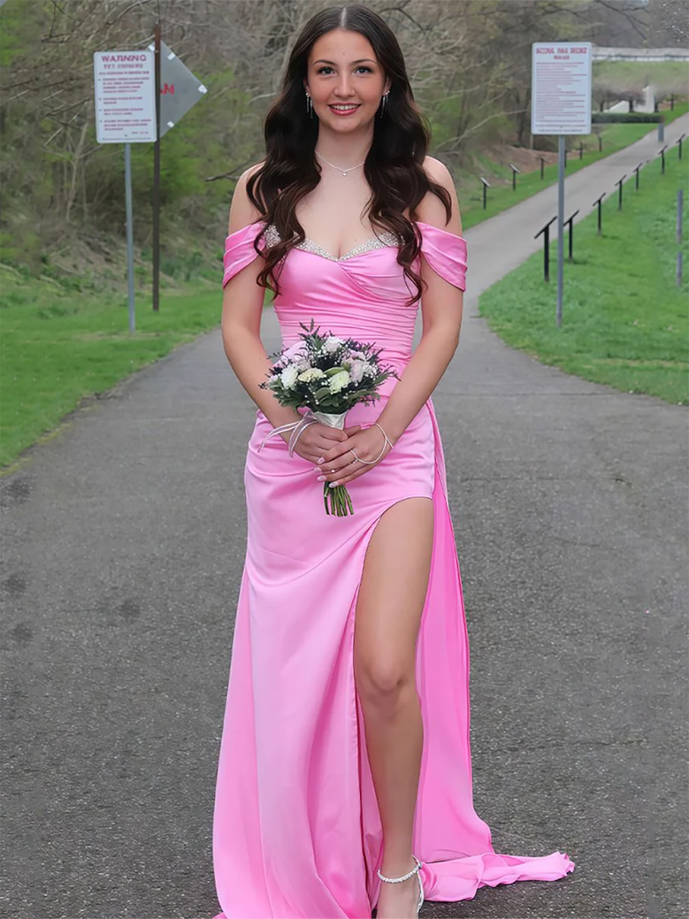 Satin Mermaid Prom Dress Off Shoulder High Slit Beads Pleats Graduatio ...